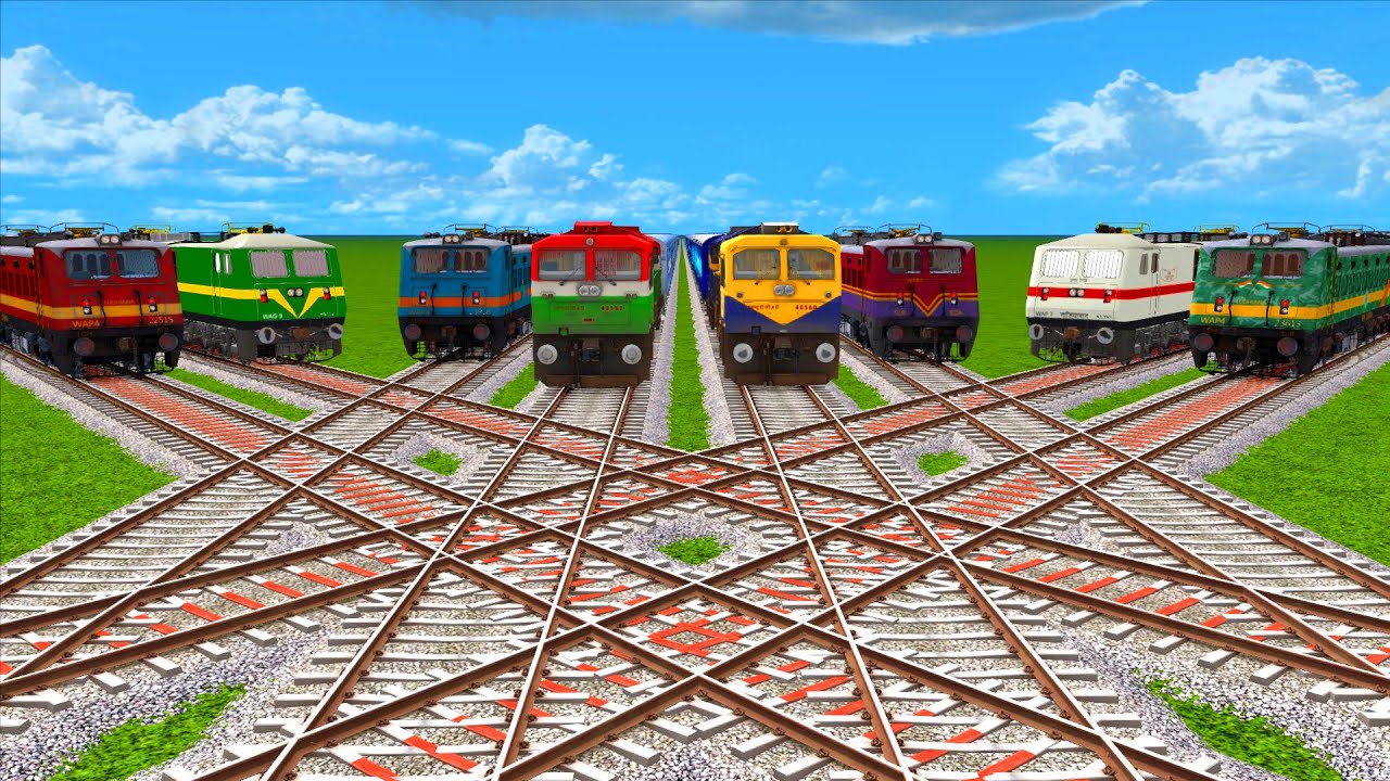 8 COLORFUL TRAINS CROSSING ON EIGHT LINE BRANCHED DOUBLE CROSS X ...