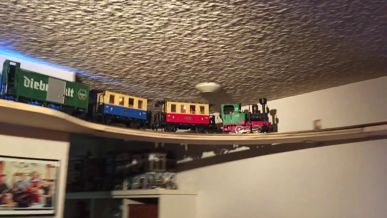 LGB G-scale ceiling layout lighted cars - YouTube
