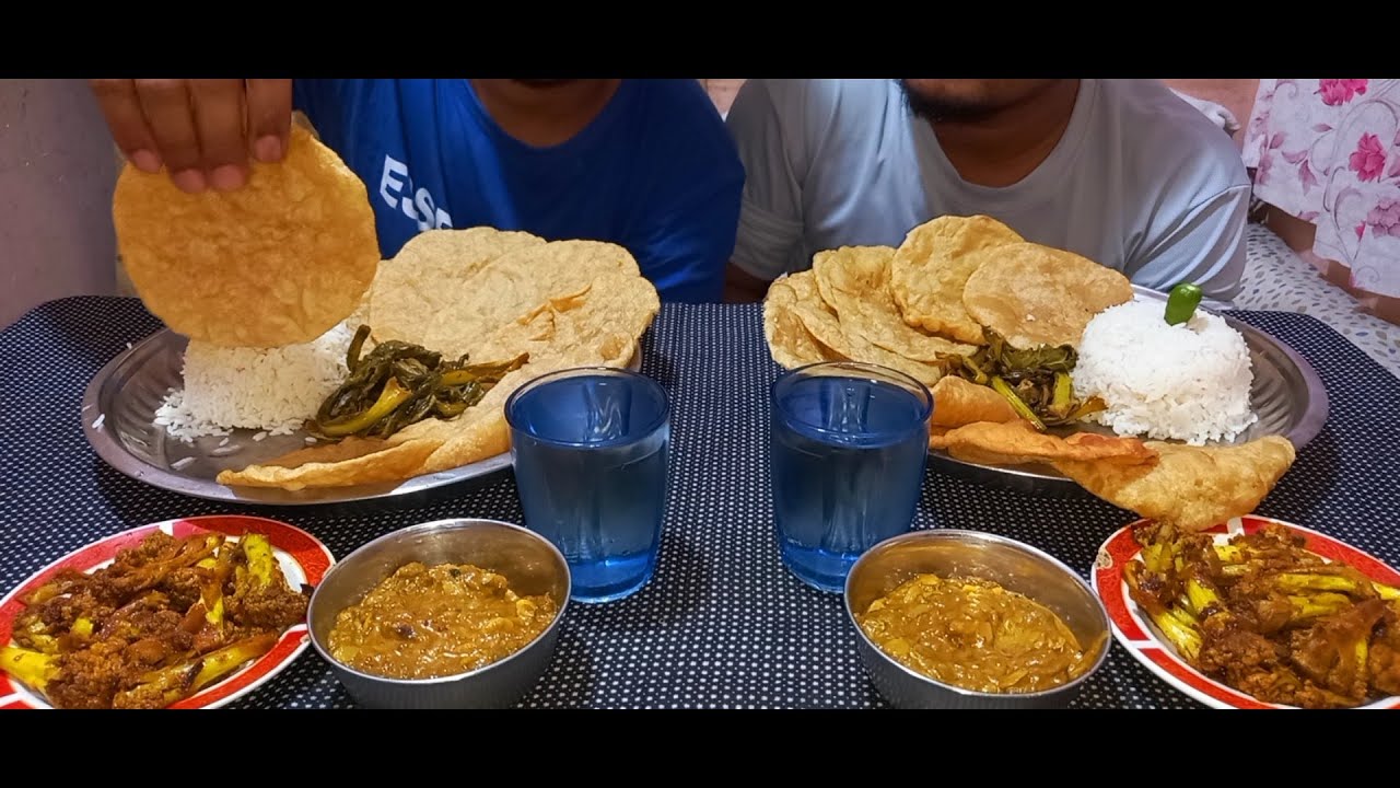 Puri, achar, kawuli fried, sag with rice eating challenge || Indian ...