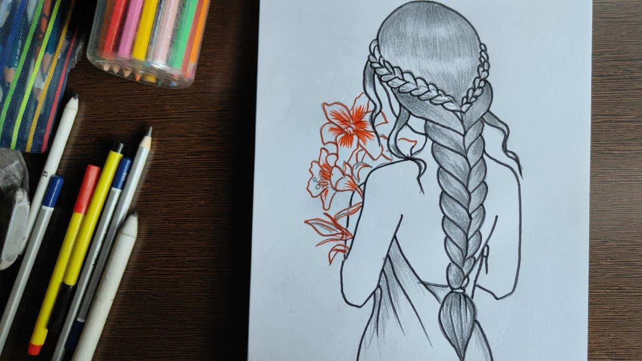 How to draw a girl holding flower / step vy step easy pencil drawing ...