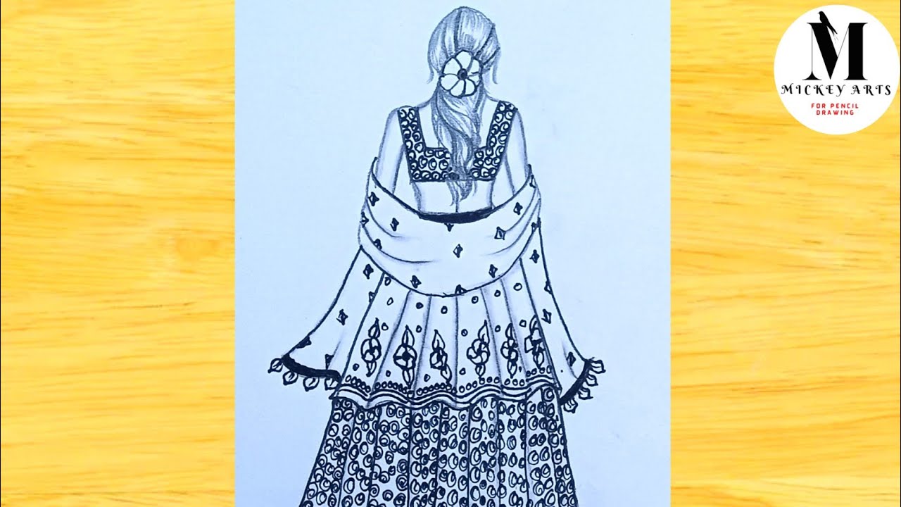 How to Draw a Traditional Girl Backside || Girl With Lehenga Drawing ...