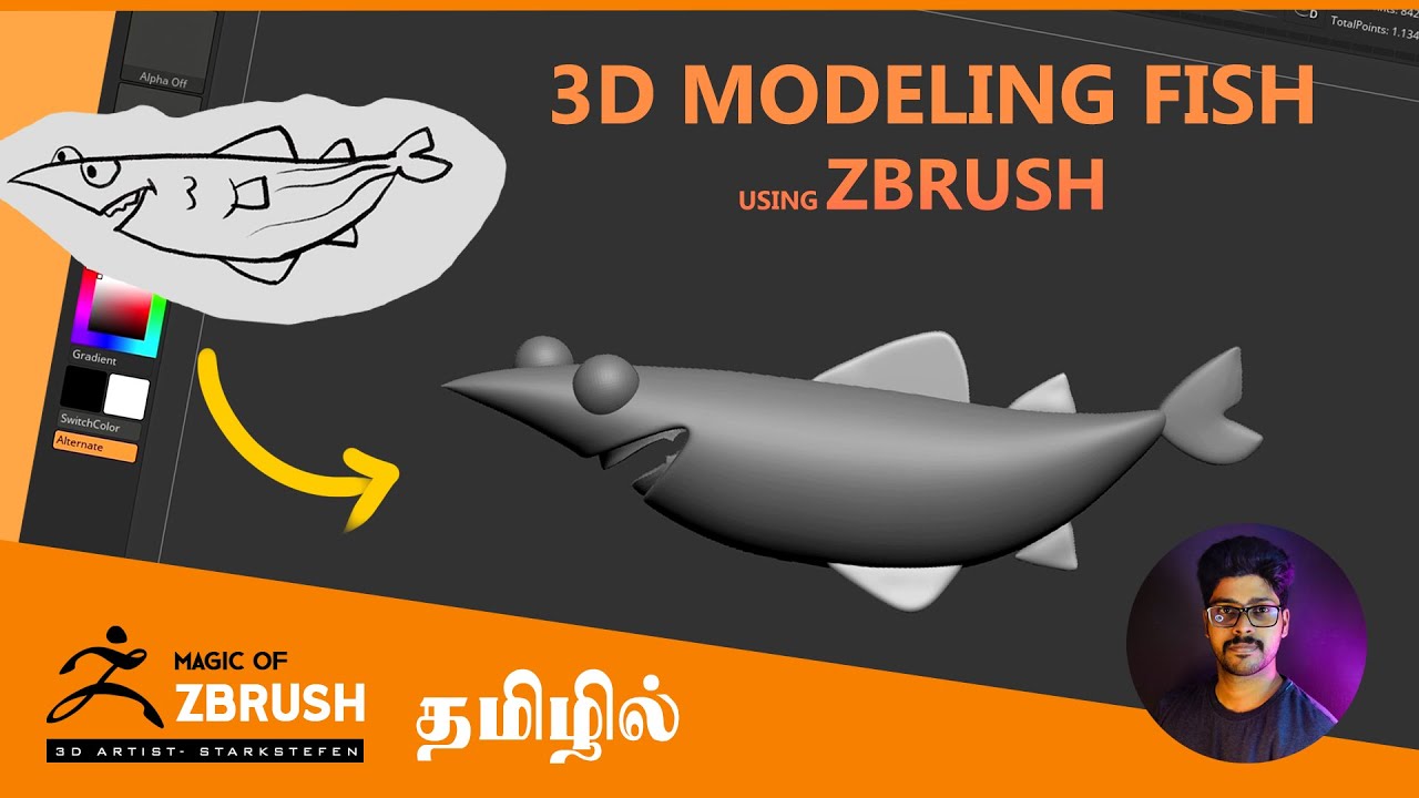ZBRUSH BASIC SCULPTING TUTORIAL TAMIL *CARTOON FISH * - YouTube