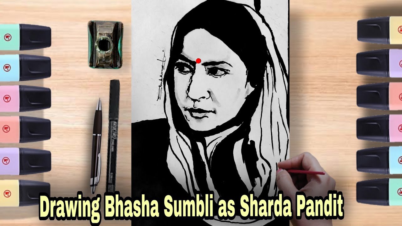 Ink Portrait of Bhasha Sumbli as Sharda Pandit from the Kashmir Files ...
