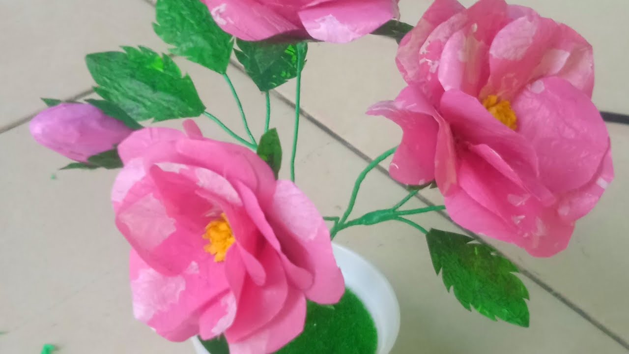 DIY easy way to make pink roses from used plastic/cara membuat bunga ...