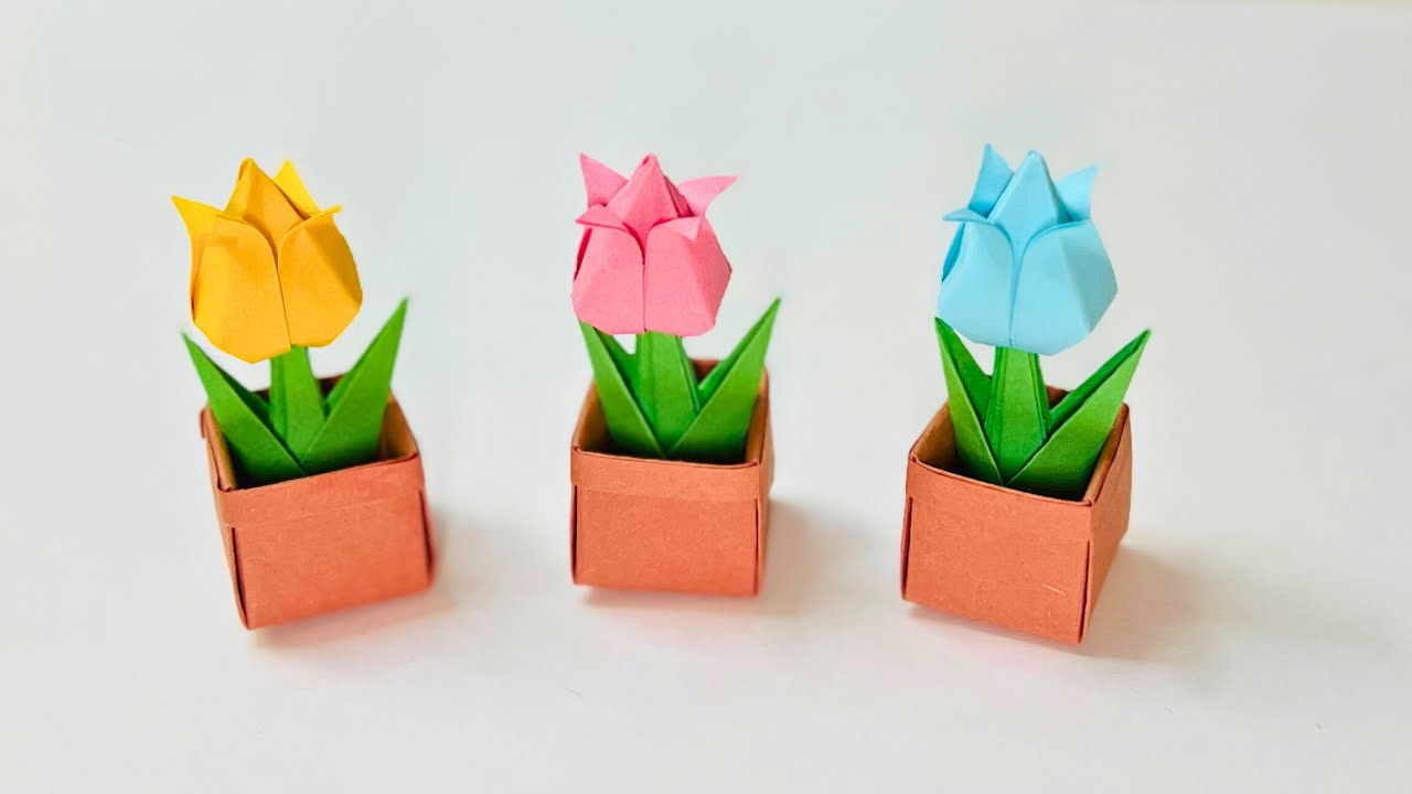 Mini Origami Tulip & Flower Pot | Paper Flower | Paper Craft Ideas ...