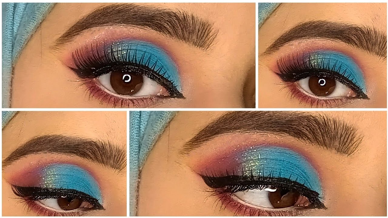 Blue 💙/skyblue eye makeup with pink corner #blueeyemakeuplook # ...