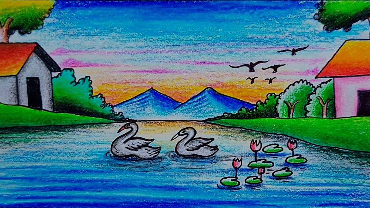 How to Draw a Peaceful Lake Sunset with Swans 🌅🦢 | Beginner Friendly ...