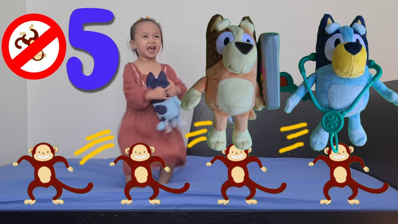 Bluey toys 5 Little Monkeys Jumping on the Bed Nursery Rhymes | Disney ...