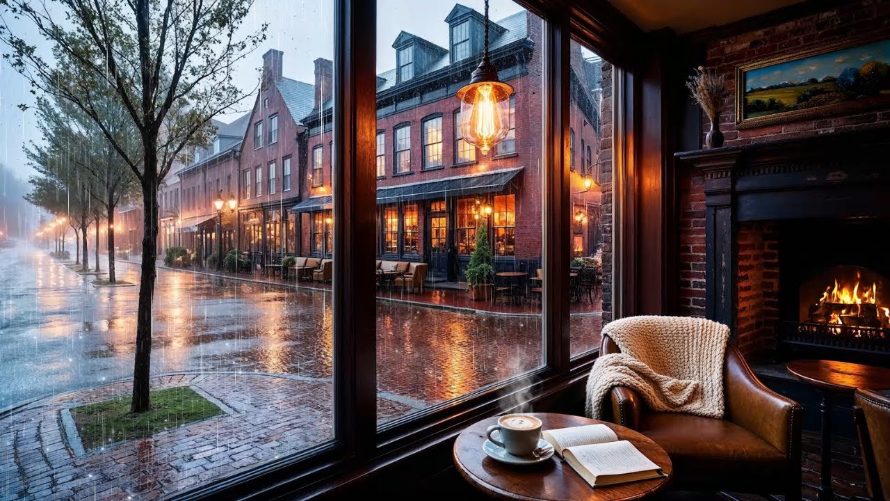Cozy Small Town Coffee Shop Ambience ☕ Rainy Day at the Cafe | Rain ...