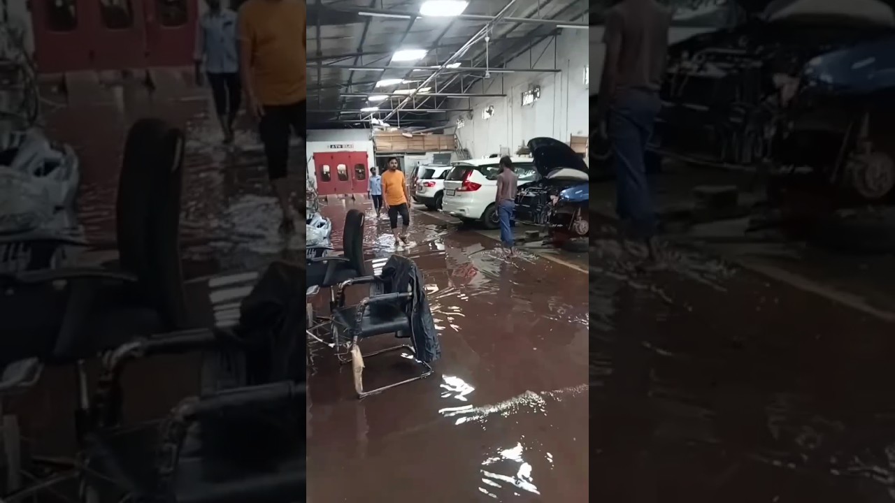 Cars Showroom 😯😅 Rain Day situation Full Water 🌊💦 #telugu #tranding # ...