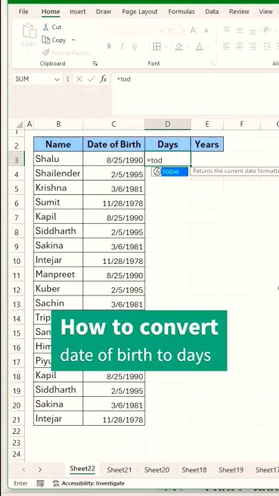 Convert Date of Birth to Days and Years in Excel Tutorial #shorts #exceltips #viral #viralvideo ...