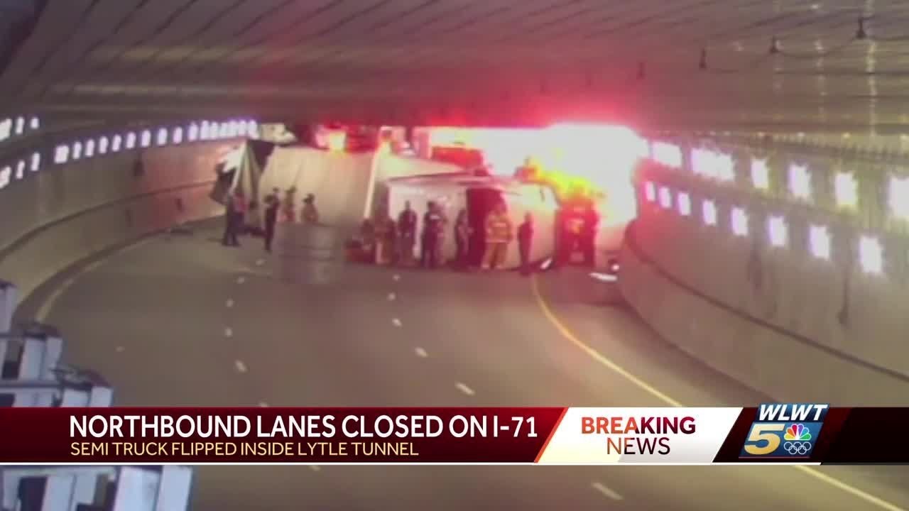 Flipped semi closes all lanes on northbound I-71 in Lytle Tunnel - YouTube