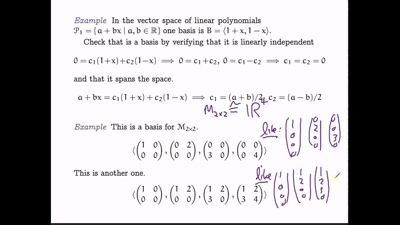 Hefferon Chapter Two Section III.1 (basis) - YouTube
