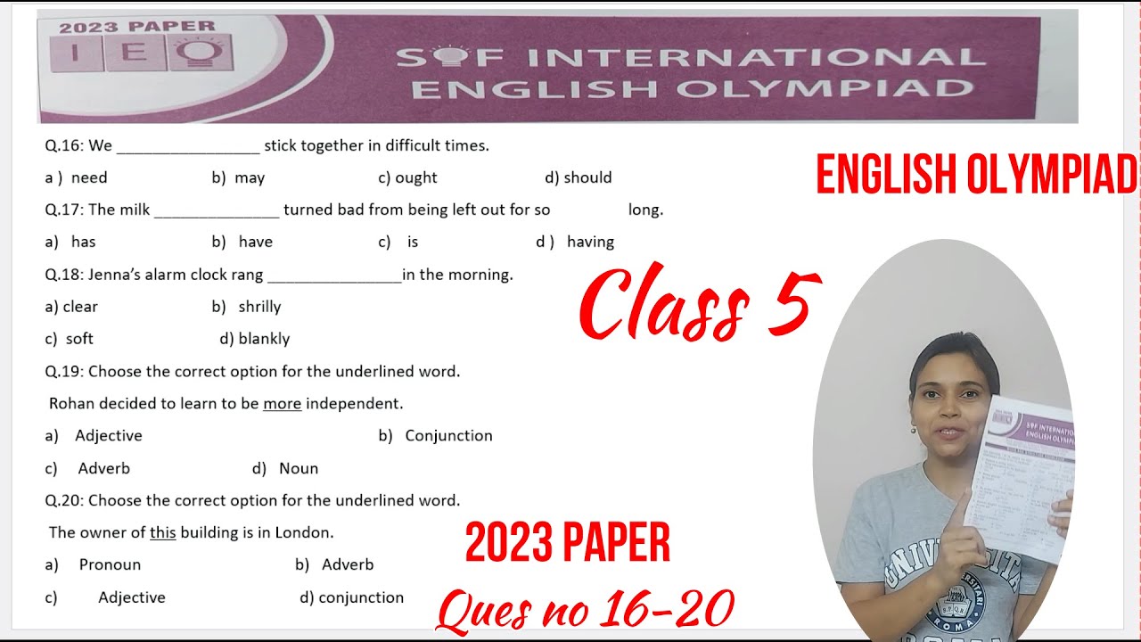 English Olympiad Class 5 Question Paper 2023 Ques no 16-20 | Class 5 ...