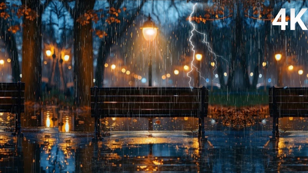 Quiet Night In The Park With Relaxing Sounds Of Rain Falling Down The ...