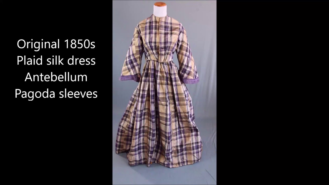 1850s Civil War Era Antebellum Dress with Pagoda Sleeves, Plaid silk ...