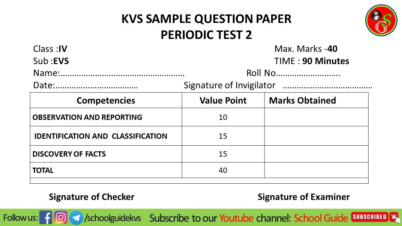 Periodic Test 2 (PT 2) Sample Paper Class IV EVS (Kendriya Vidyalaya ...