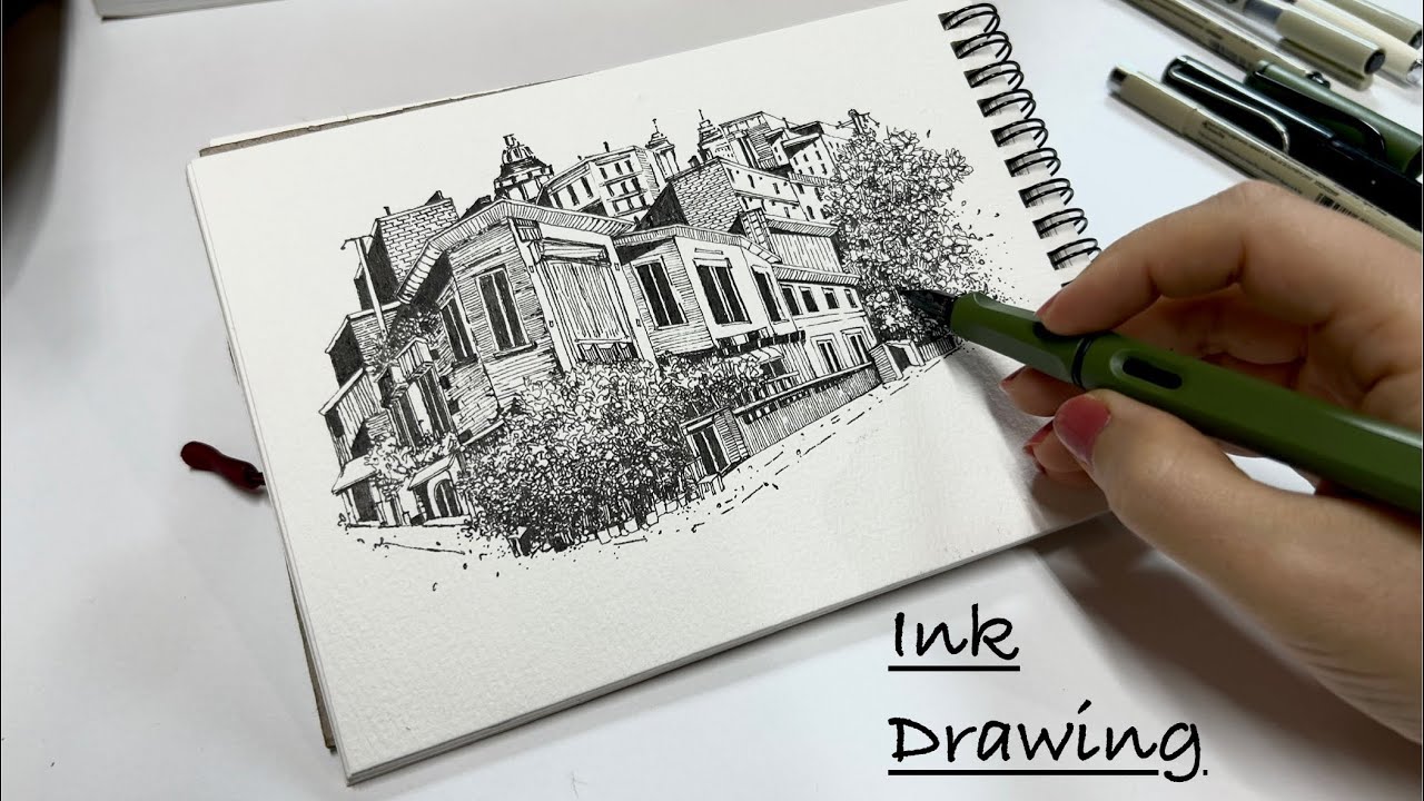 Ink drawing street view | landscape sketching - YouTube