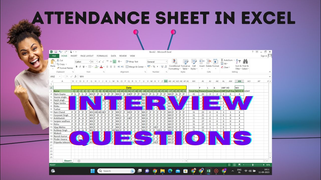 Professional Attendance Sheet | Attendance Sheet in Excel | MS Excel ...