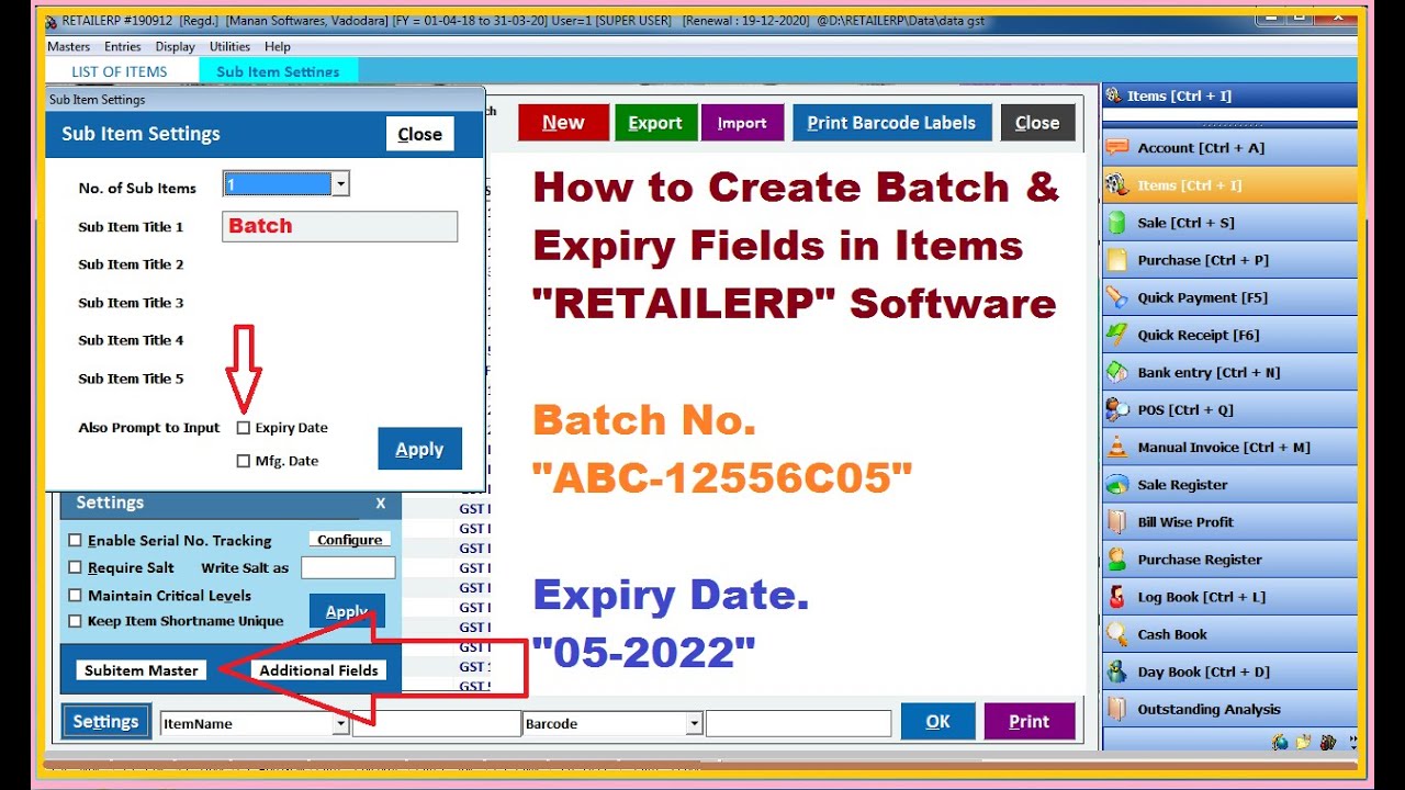 How to Create Batch & Expiry Fields Extra in RETAILERP Software - YouTube