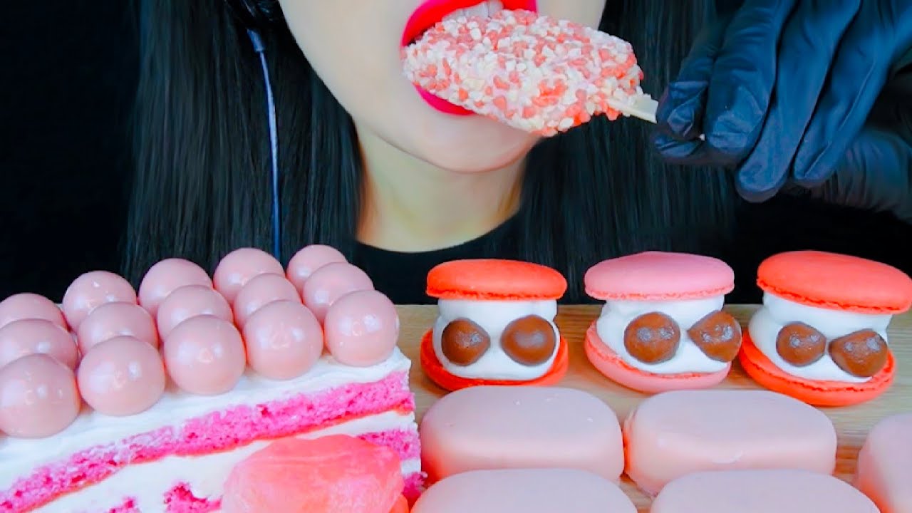 ASMR Pink Dessert Feast, Cake and Macaron Eating Vlog 핑크 디저트 잔치, 케이크와 ...