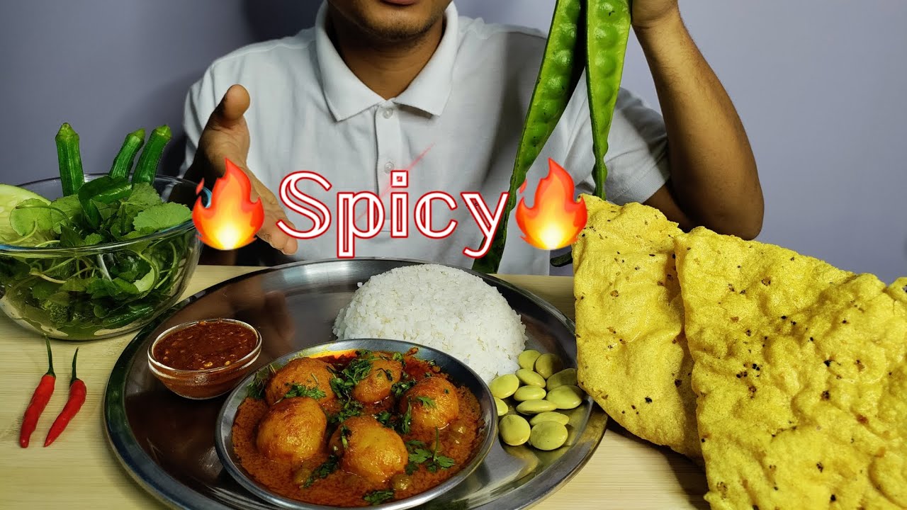 EATING DUM ALOO WITH RICE, STINKY BEANS SEED, CHILLI CHUTNEY, PAPAD ...