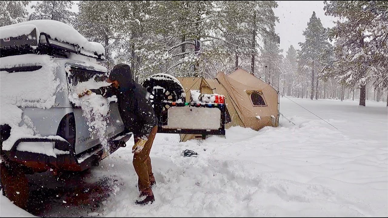 Off-Grid Winter Camping w/ Wood Stove: HEAVY SNOWFALL & Scouting For ...