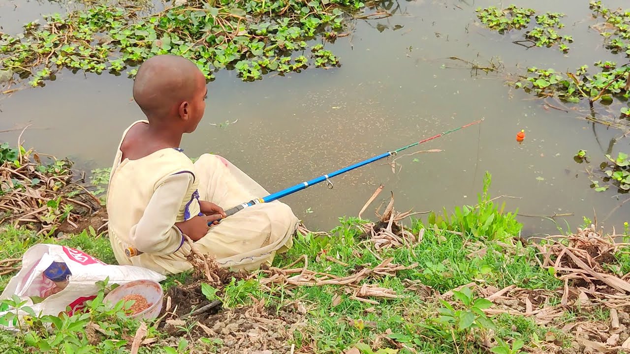 Smart fish hunter catching fish by hook in village lake - YouTube