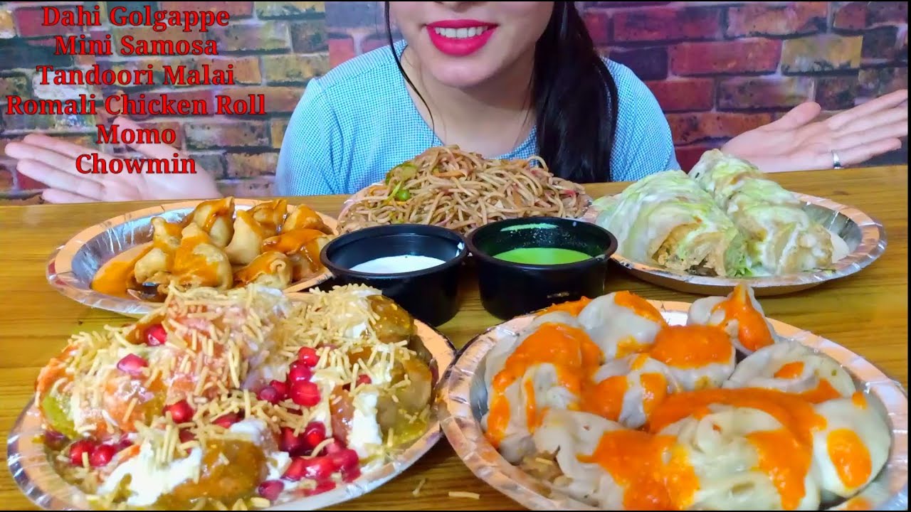 Eating Tandoori Malai Rumali Chicken Roll, Dahi Golgappe, Mini Samosa ...