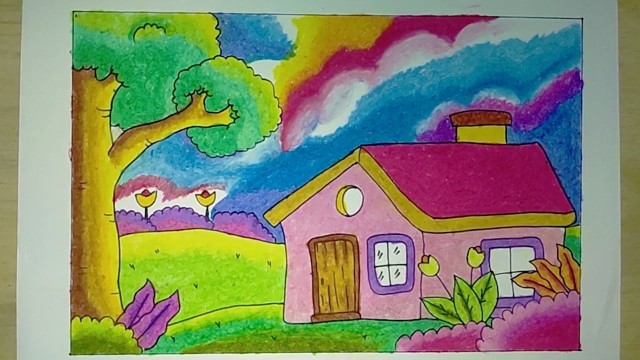 menggambar pemandngan rumah,pohon dan taman bunga || easy drawing ...