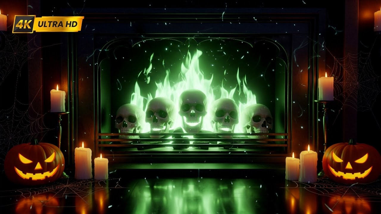 Spooky 💀 Halloween Fireplace 4K (10 HOURS). Green Fireplace Ambience ...