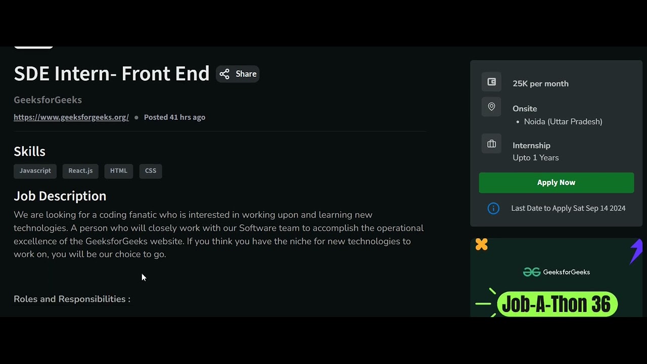 SDE Intern- Front End Hiring At Geeksforgeeks || Batch || 2025 ||2026||25k/m - YouTube