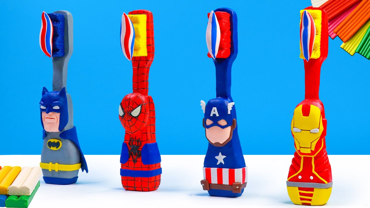 DIY toothbrush mixed superheroes Spider man, Batman, Ironman with clay ...