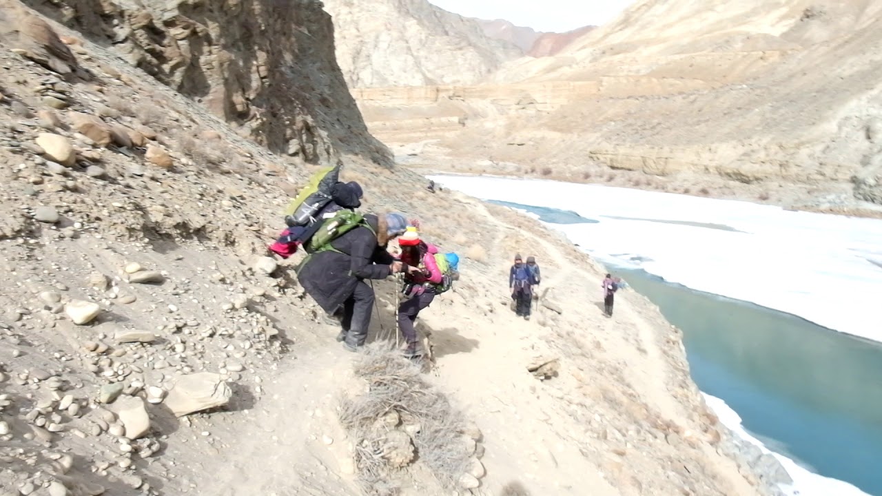 Climbing river bank during Chadar Trek - YouTube