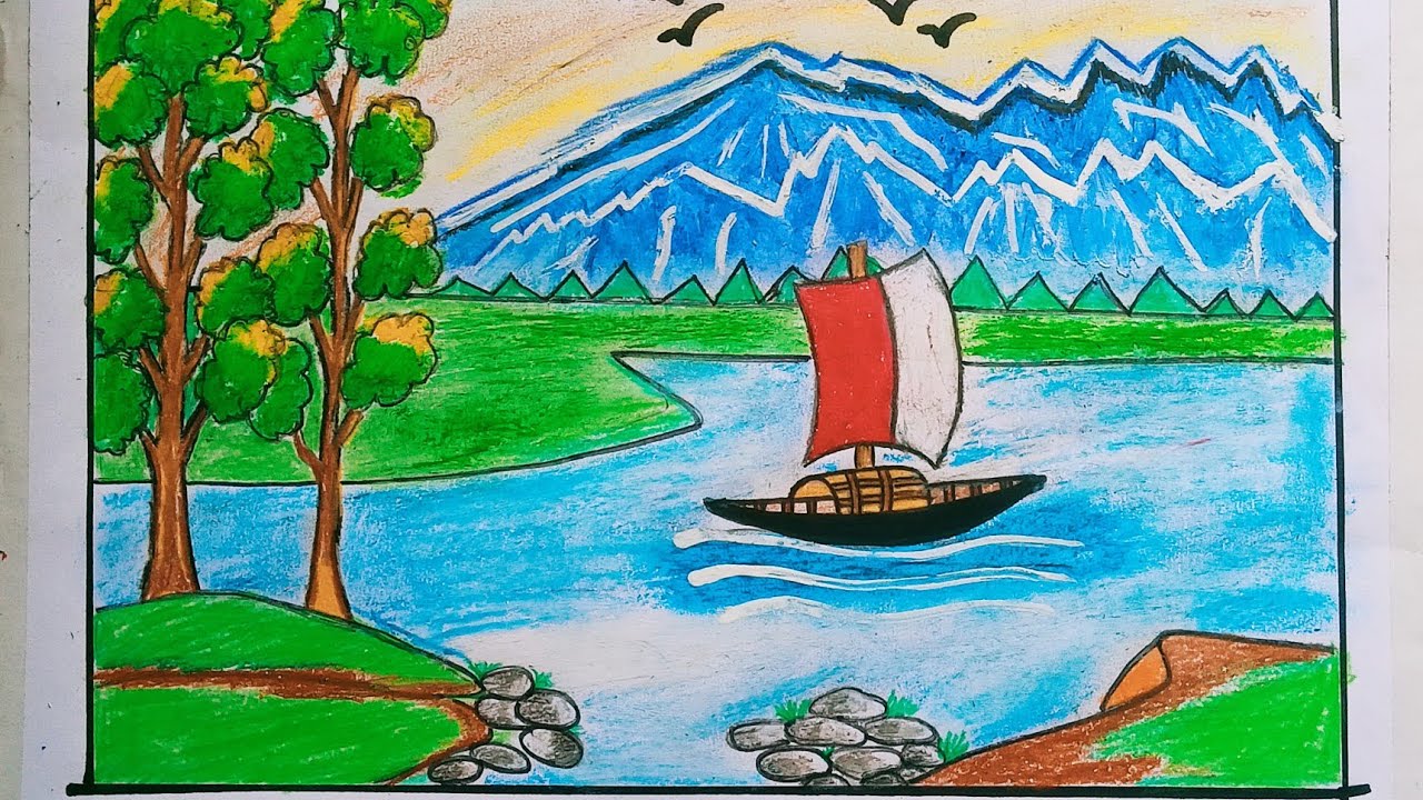 How to draw landscape scenery drawing with mountain waterfall and river ...