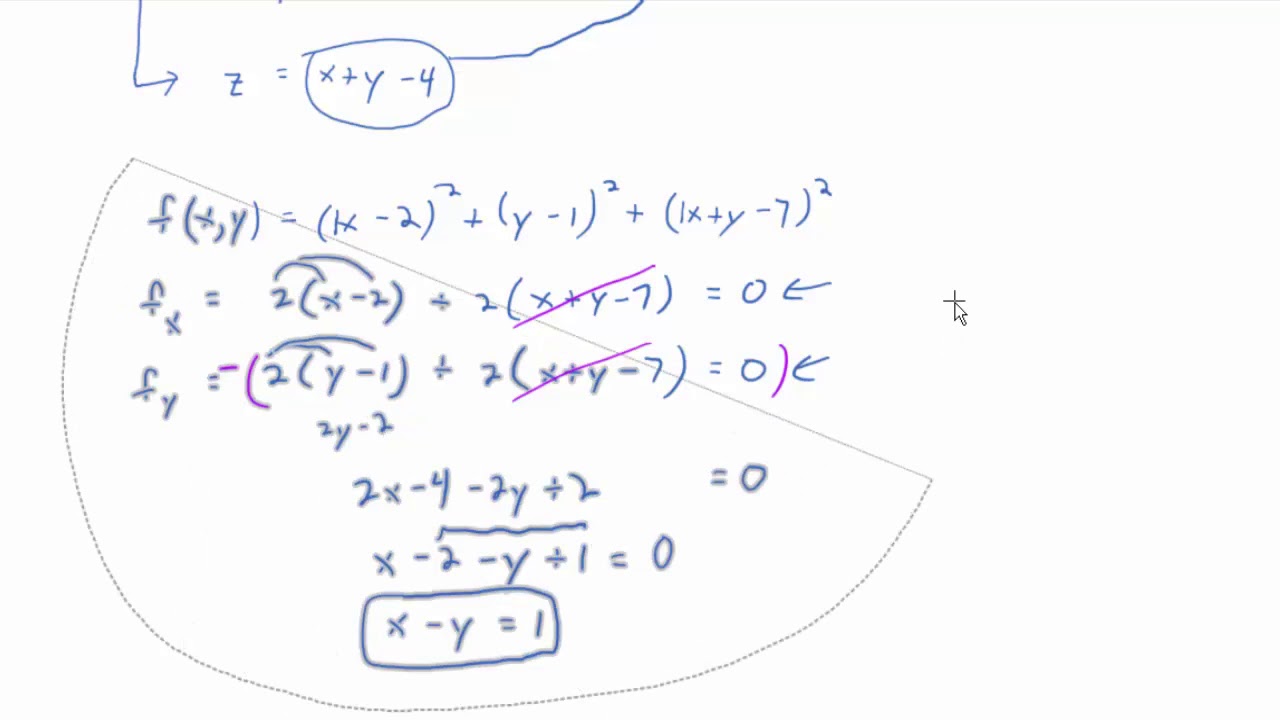 14.7.3: Minimizing Distance Function to from a Point to a Plane - YouTube