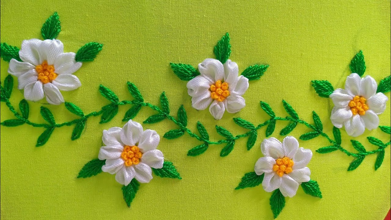 Easy Hand Embroidery Ribbon Flower Design /Hater kaj|Arts&Design - YouTube