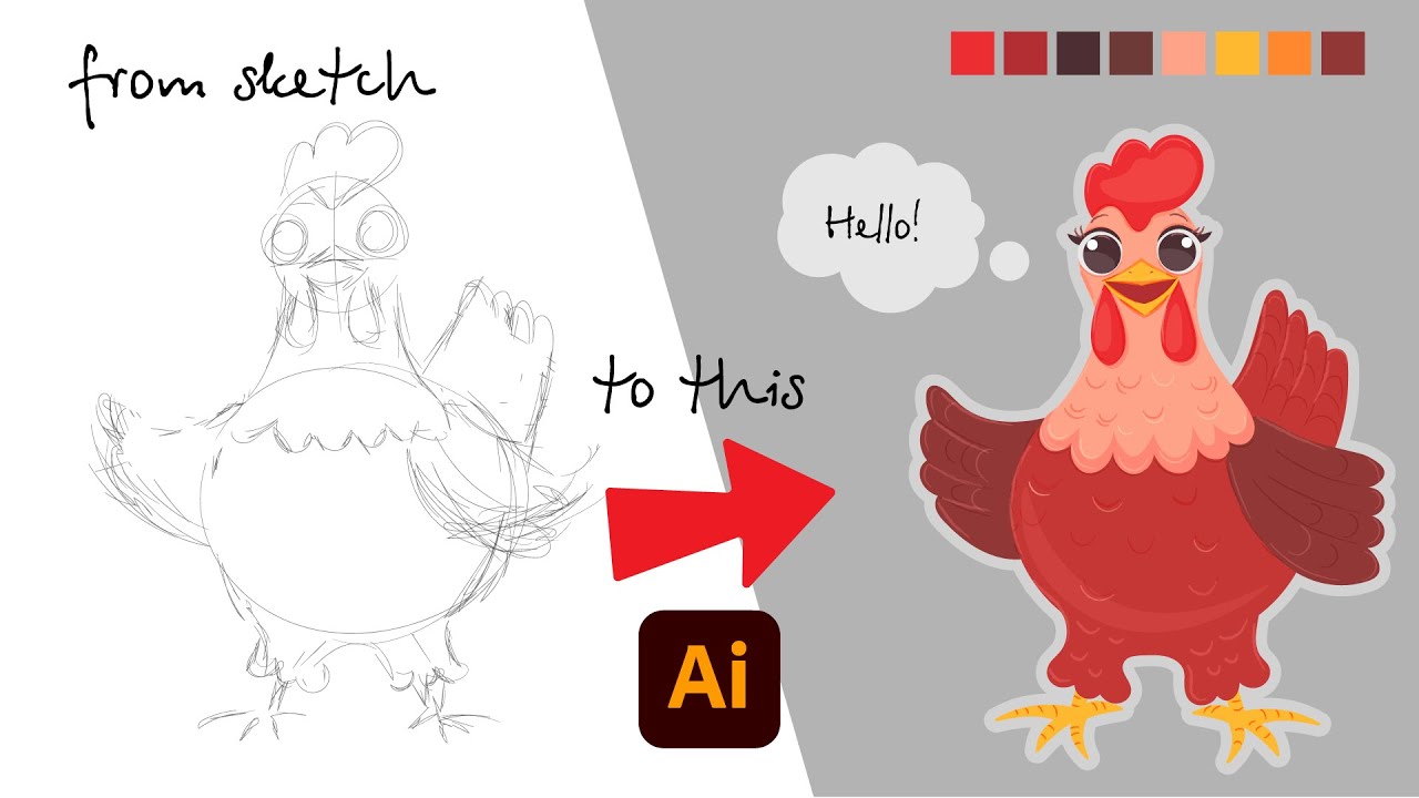 HEN DRAWING - ADOBE ILLUSTRATOR TUTORIAL FROM ROUGH SKETCH - YouTube