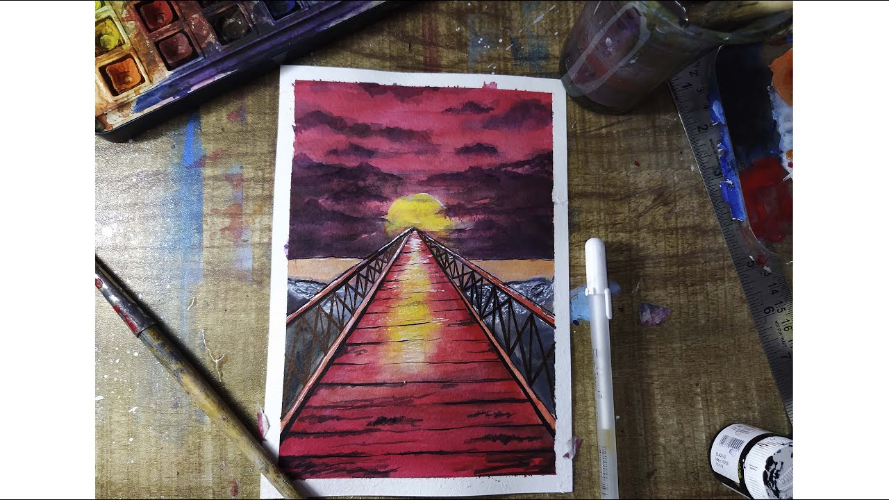 Sunset Watercolor painting of bridge |sunset watercolor painting ...