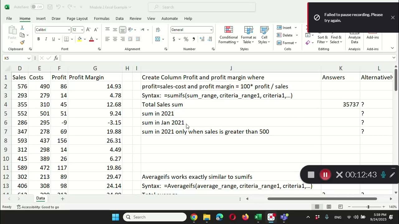 Excel Example Module 2: SUM, AVERAGE, COUNT, SUMIFS, AVERAGEIFS, COUNTIFS - YouTube