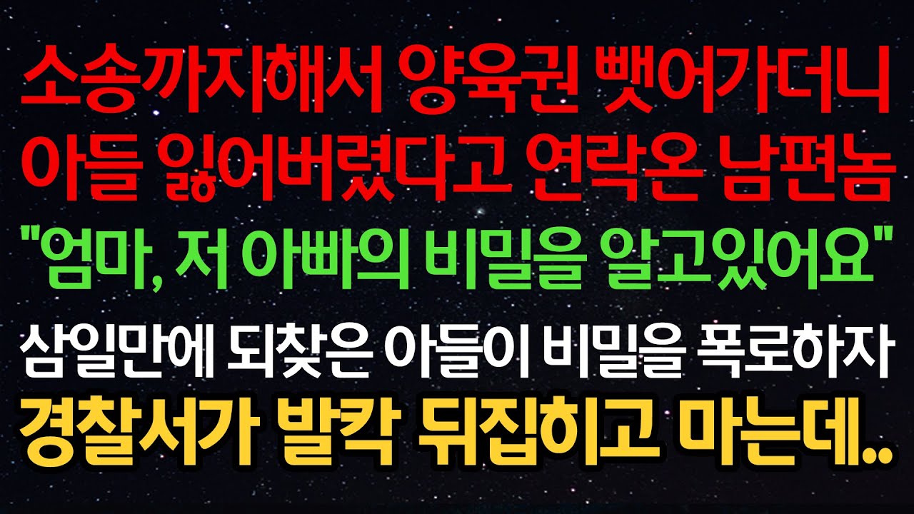 실화사연 소송까지해서 양육권 뺏어가더니 아들 잃어버렸다고 연락온 전남편 엄마 저 아빠의 비밀을 알고있어요 삼일만에 되찾은 아들이 비밀을 폭로하자 경찰서가 발칵