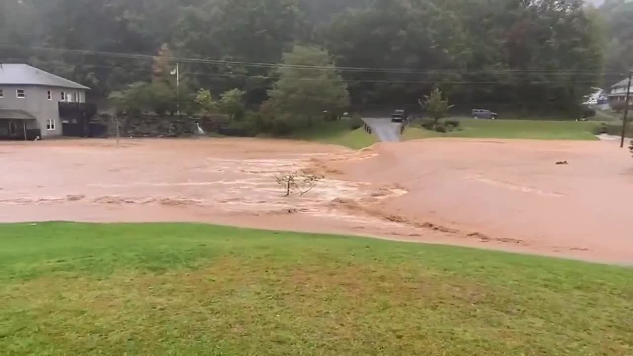 Flooding along Mutton Creek in Boone, North Carolina following Helene ...