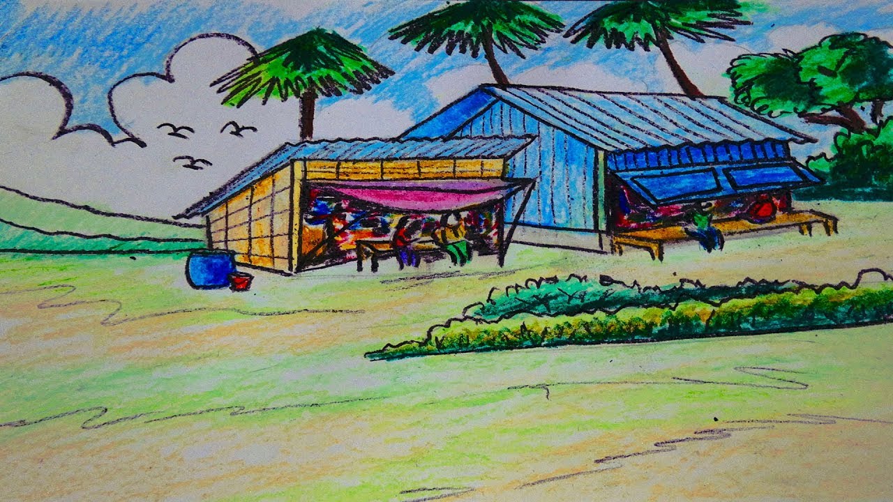 How To Draw Village Shop For Beginners With Pastel Color - YouTube