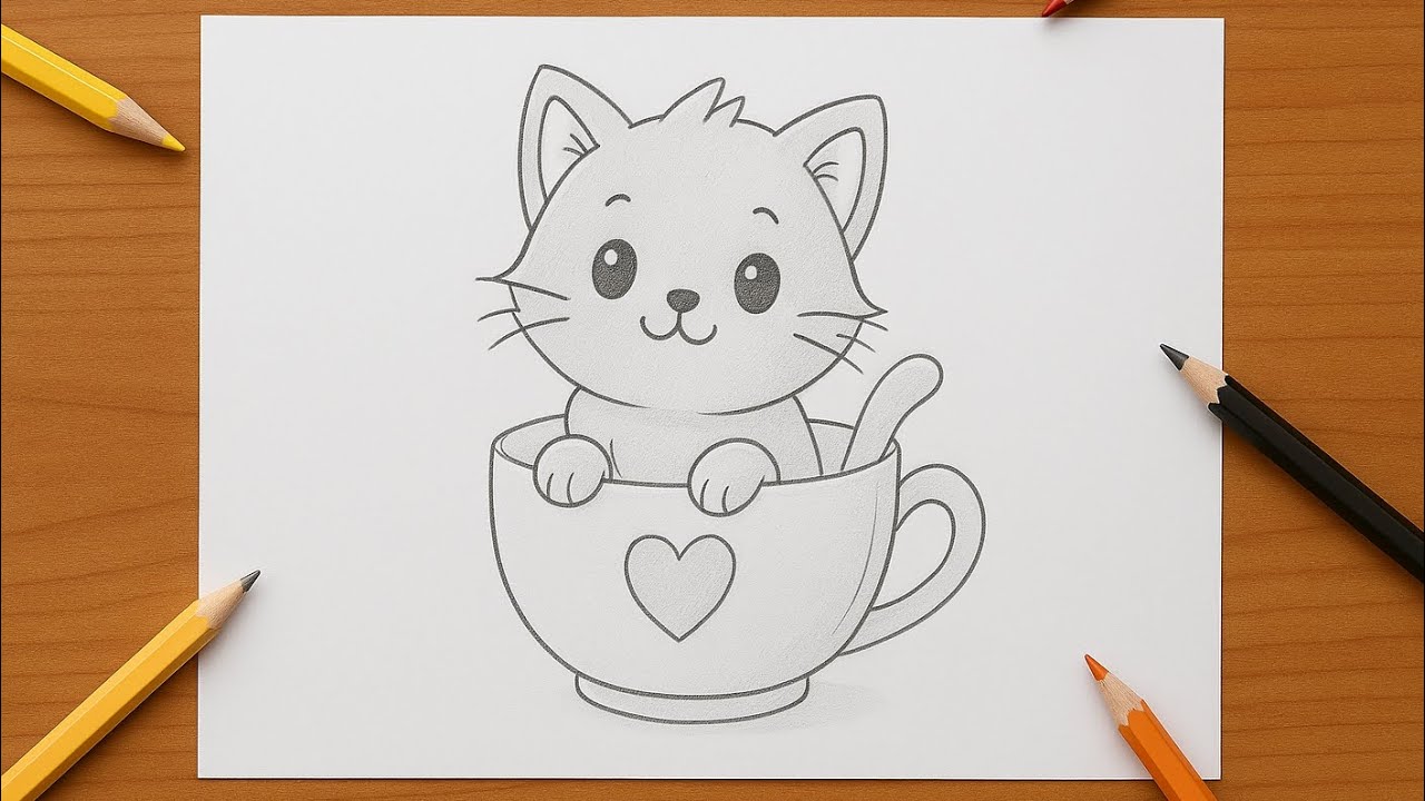 Cute Cat in a Cup Drawing 🐱 | Easy Pencil Sketch for Beginners - YouTube