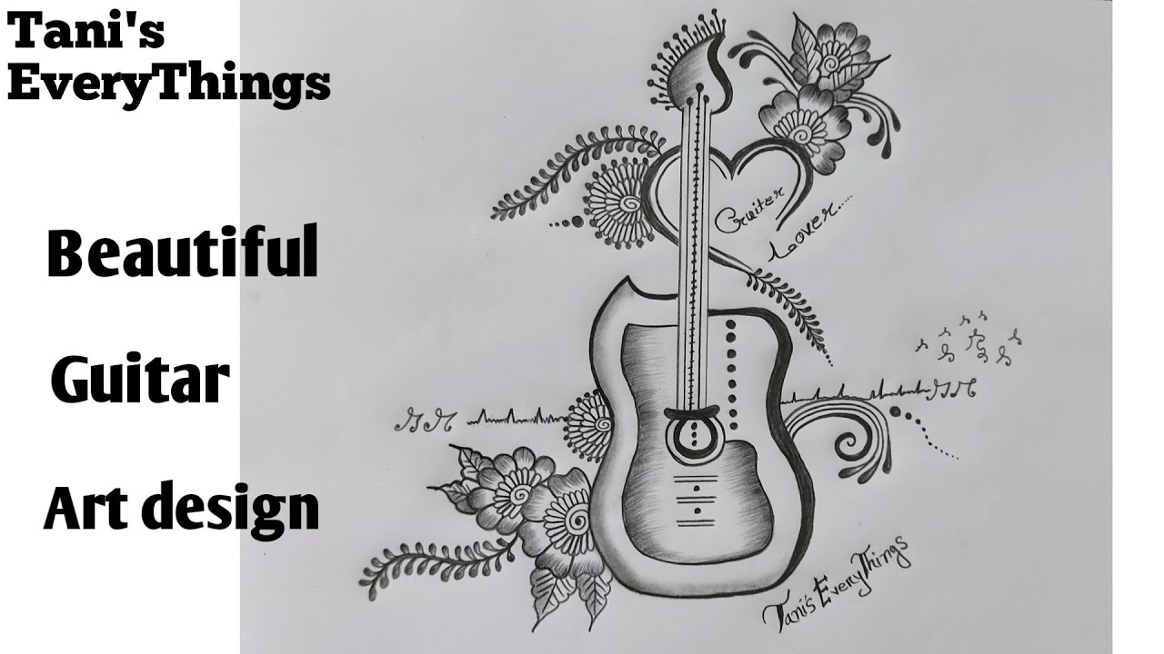 How to draw a guitar love with pencil/ Beautiful guitar art with flower ...
