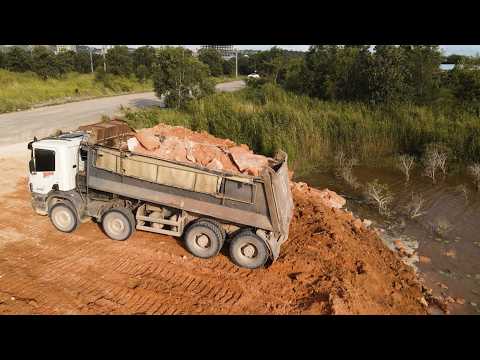 Large Landfilling Site! Big Team Dump Trucks 25t With Bulldozer Push Soil Into Low Area
