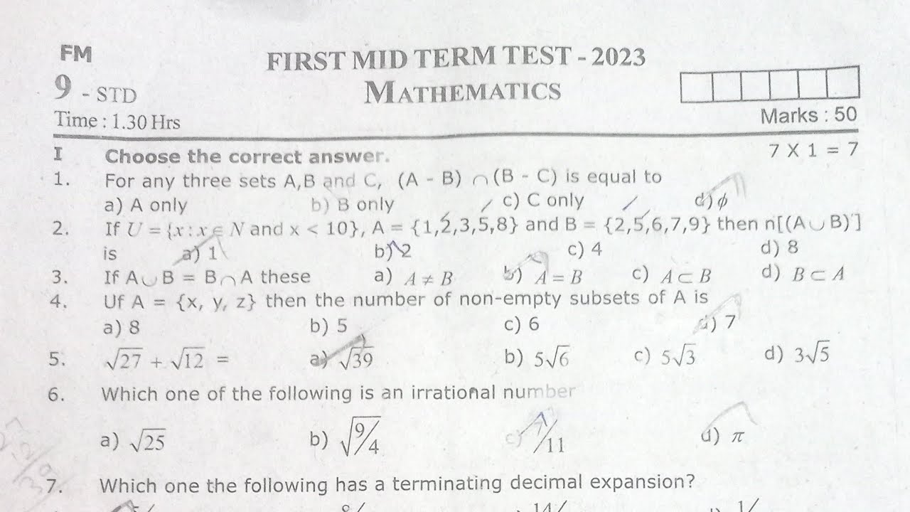 9th standard||Mathematics|| First midterm test 2023||Question paper and ...