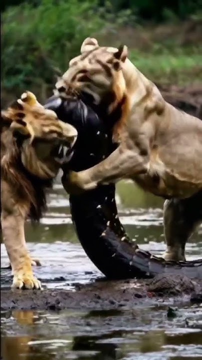 Two lions are fïghtîng with a giant python - YouTube