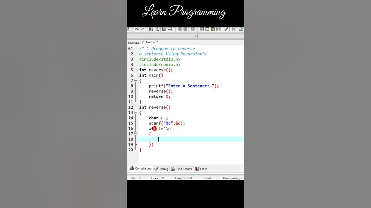 C Program to Reverse a Sentence using Recursion #shorts - YouTube