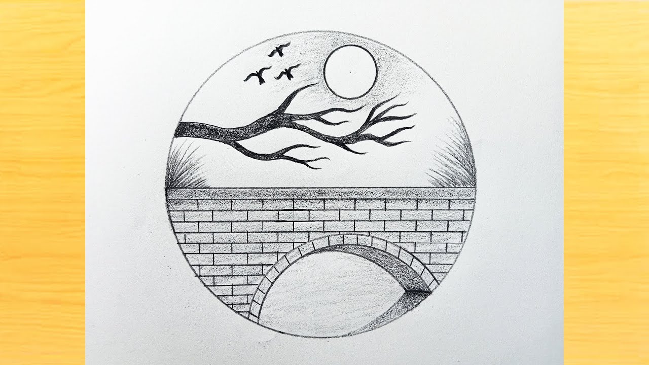 Landscape Drawing in a Circle | Bridge On the Sea | Scenery Drawing ...